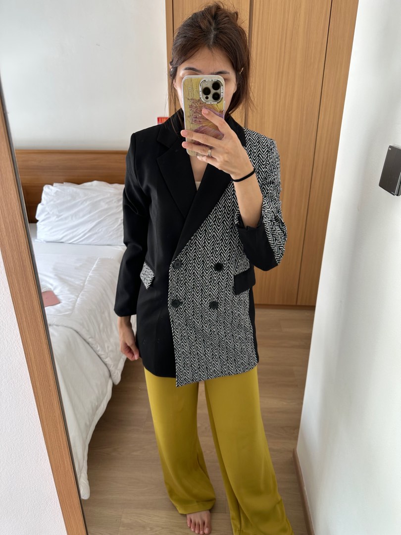 RARE!! Premium two tone double breasted blazer black herringbone ...
