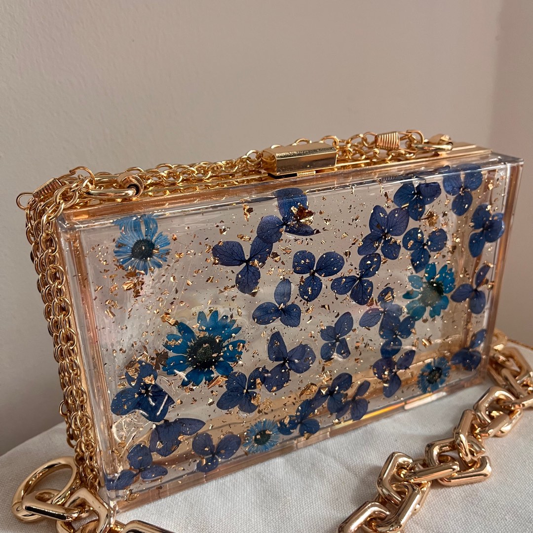 (rent) local handmade blue clutch with blue flowers, Women's Fashion ...