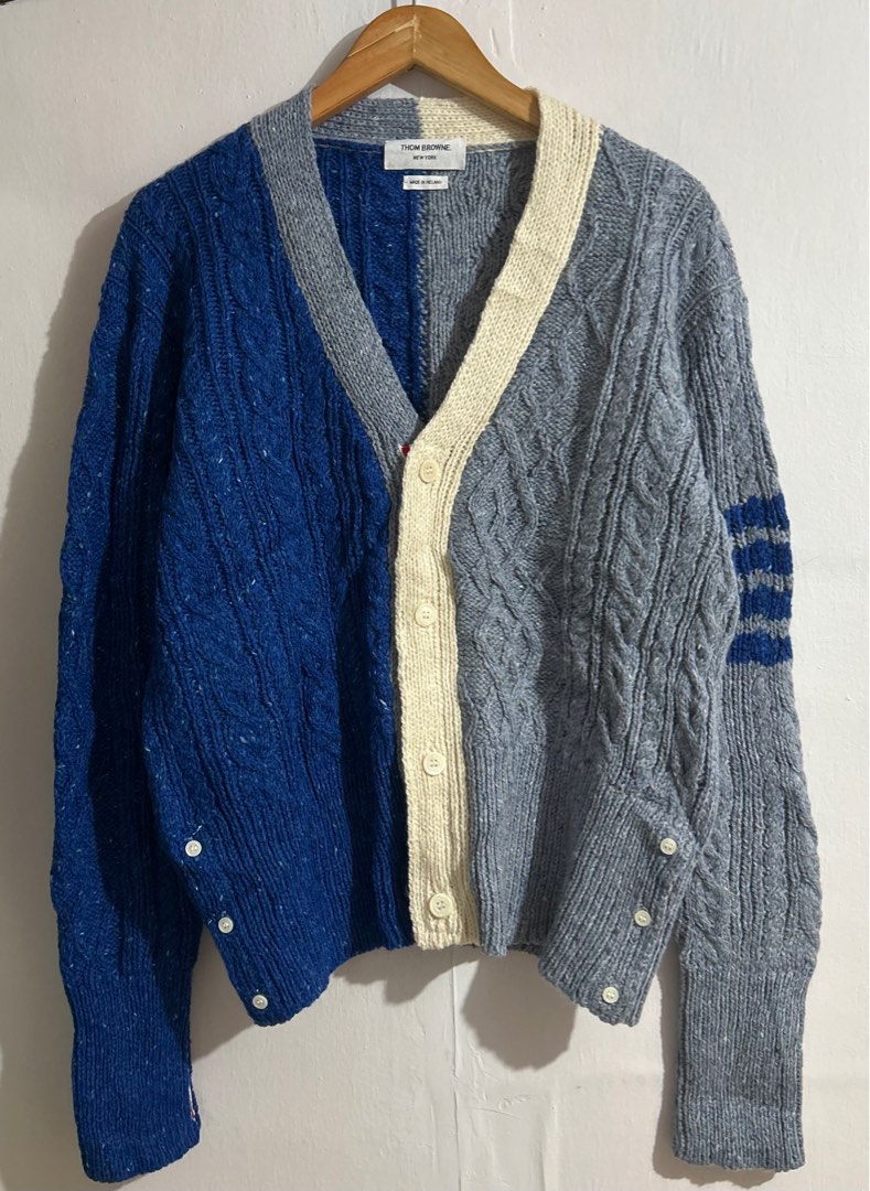 Thom browne fun mix aran cable donegal 4 bar chunky button down knit ...