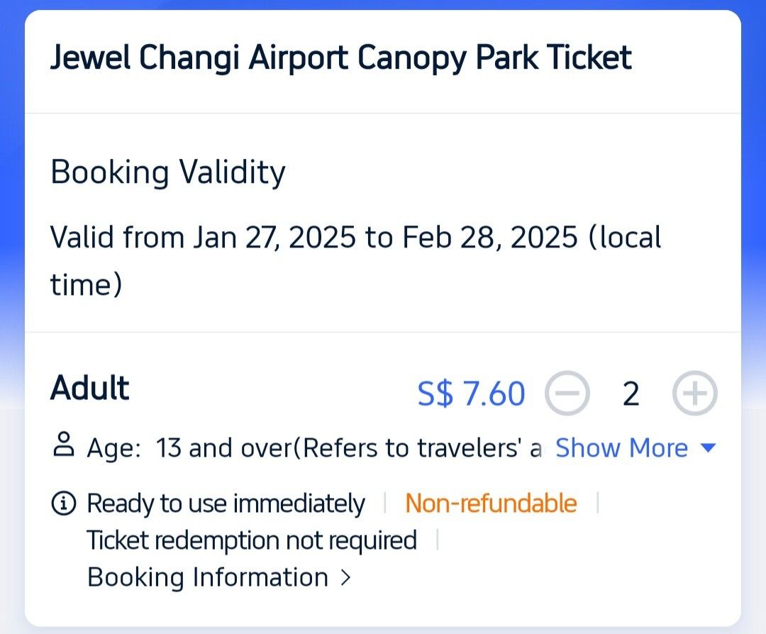 2 pax Jewel Changi Airport Canopy Park Tickets, Tickets & Vouchers ...