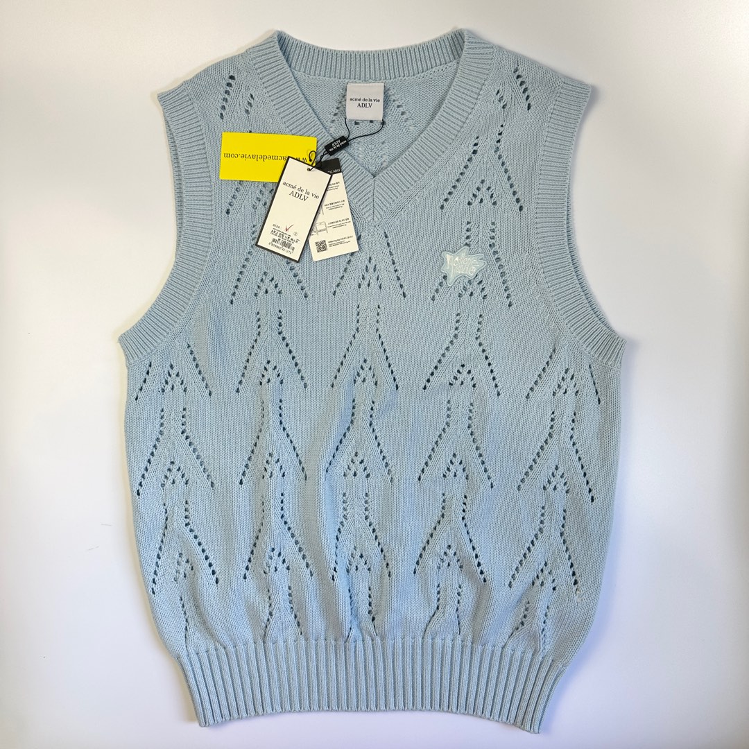 ADLV Logo Punching Knit Vest Baby Blue, Men's Fashion, Tops & Sets ...