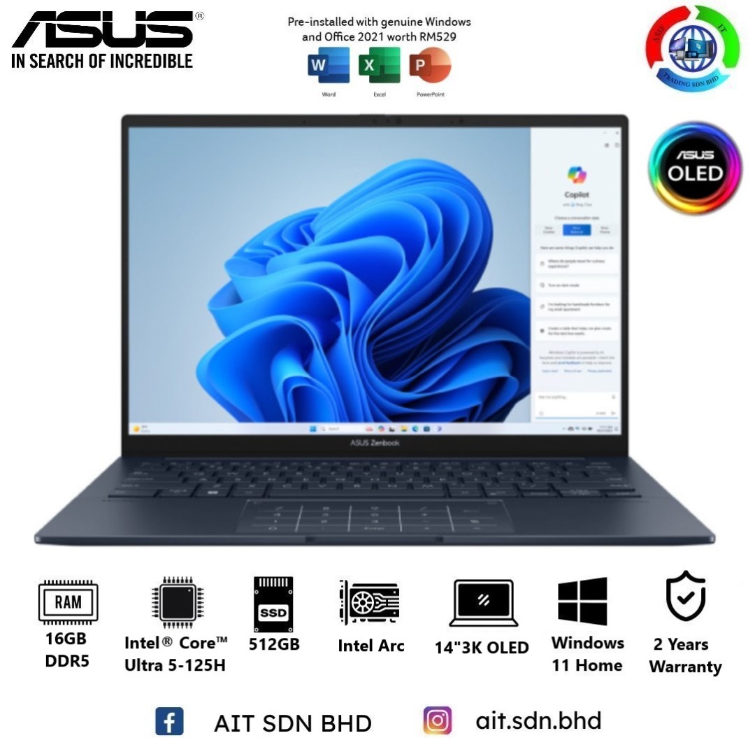 Asus Zenbook 14 OLED UX3405M-APP246WSM 14" 3K Laptop Ponder Blue ( CU5 ...