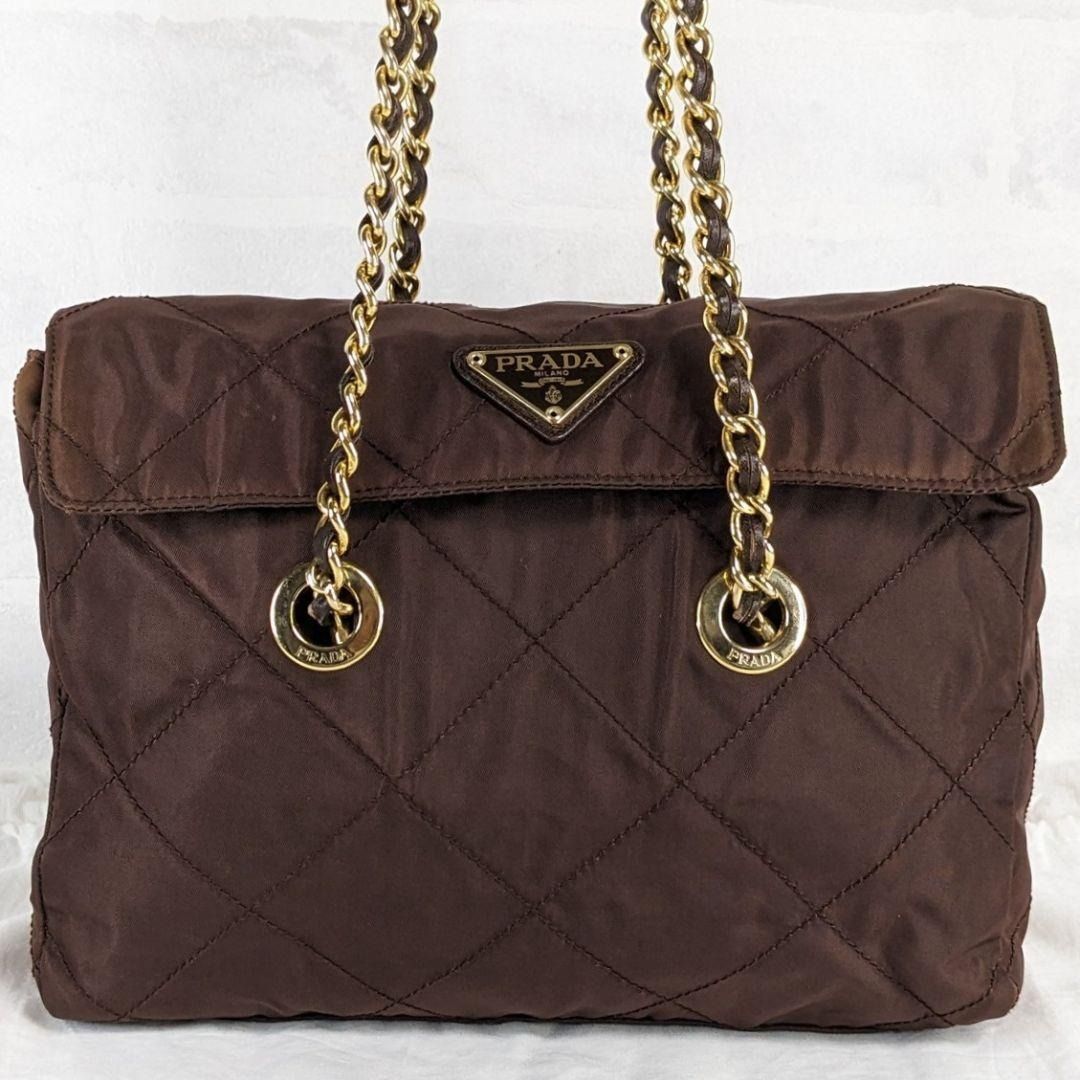 Authentic Prada chain shoulder bag in quilted nylon with triangular ...
