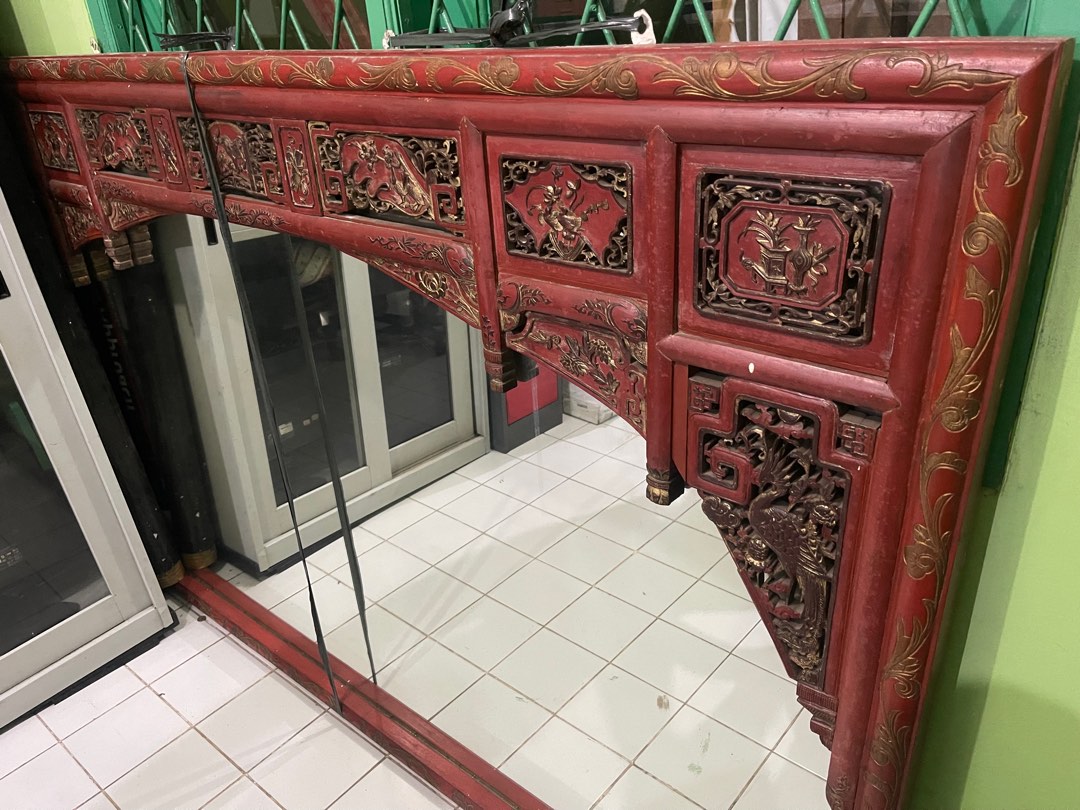 Cermin kuno antik kayu merah china 200x120, Antik, Furnitur di Carousell