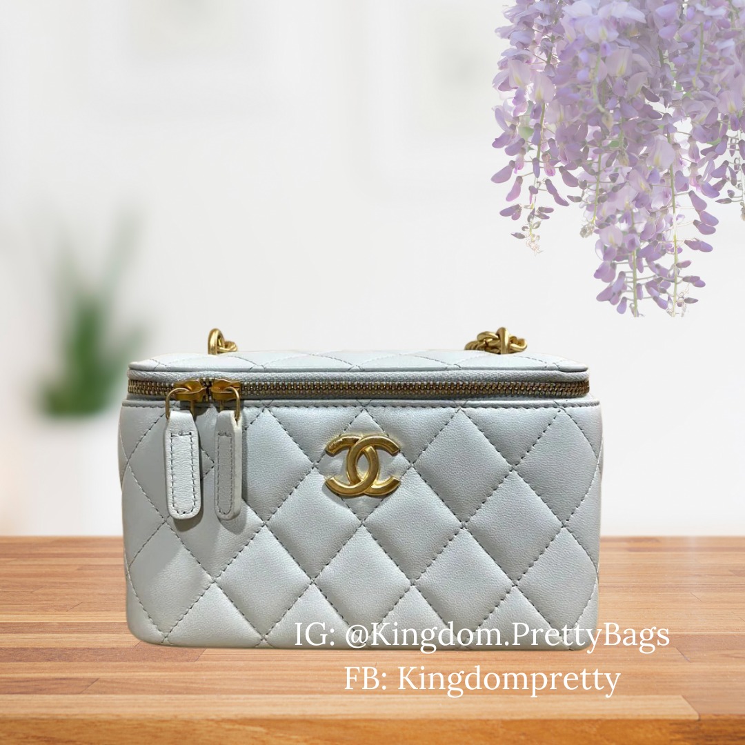 Chanel Quilted Vanity Long Box Camellia Chain Lambskin Grey Gold ...