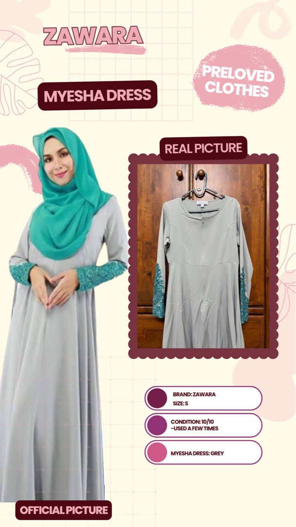 GREY Dress/Jubah (S) Zawara - Myesha Dress, Women's Fashion, Muslimah ...