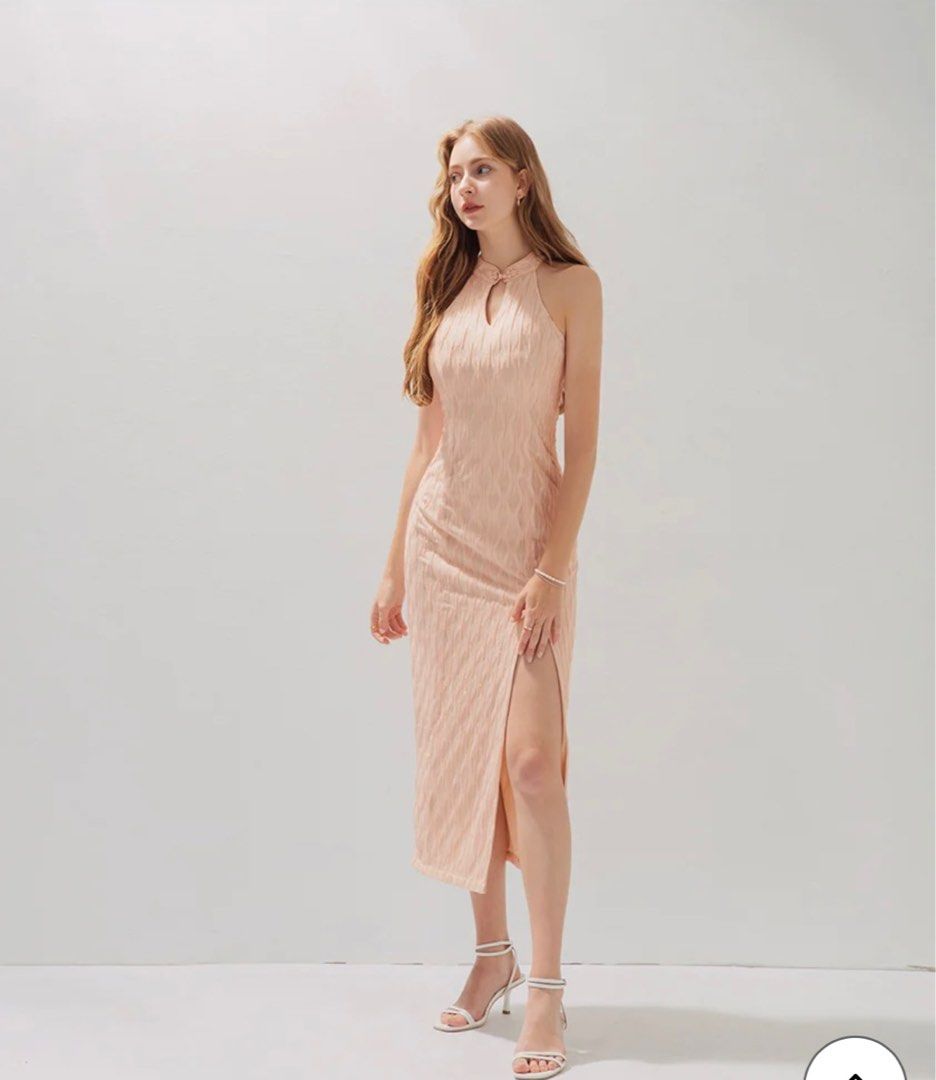 Halter Neck Maxi Cheongsam Qipao Dress With a Slit ( Textured Fabric ...