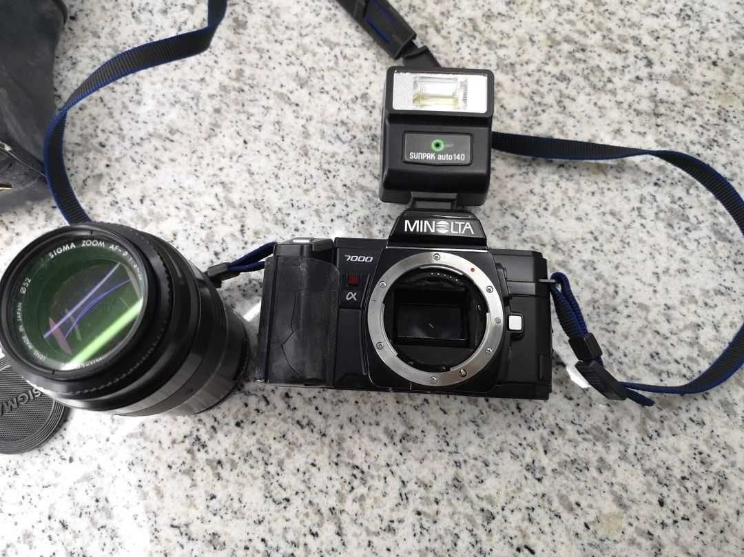 Minolta 7000 Vintage Camera with Sigma Zoom Lens and Sunpak Flash ...