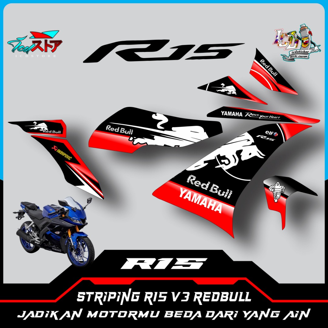 STRIPING YAMAHA R15 V3 REDBULL / STIKER MOTOR R15 V3 / STOCK DECALS ...