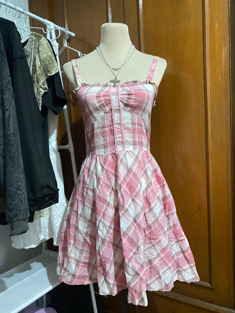 Unique Pink Checkered Dress / Coquette / Sawako, Women's Fashion ...