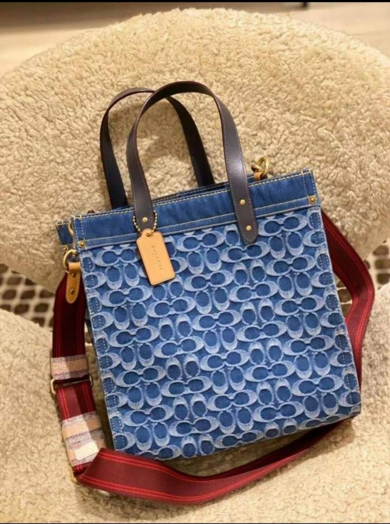 Coach CA108 Field Tote Bag in Indigo Signature Denim and Refined Calf ...