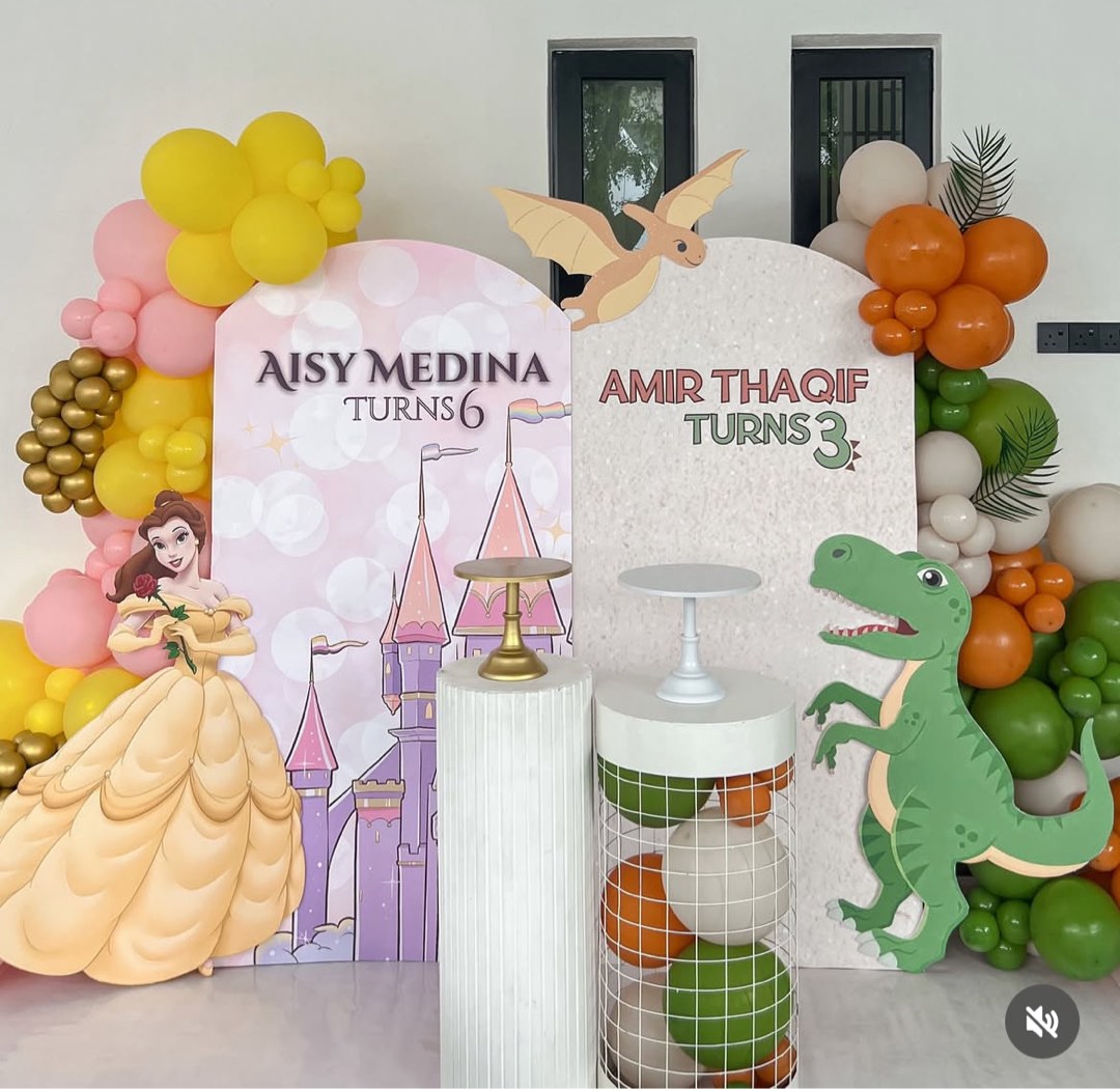 Double birthday event set up deco balloon garlands backdrop arch ...