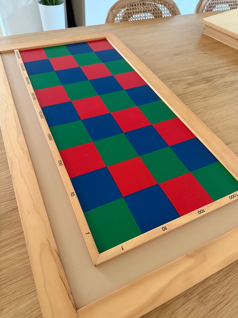Montessori materials - checkerboard, decanomial beads and stamp game ...