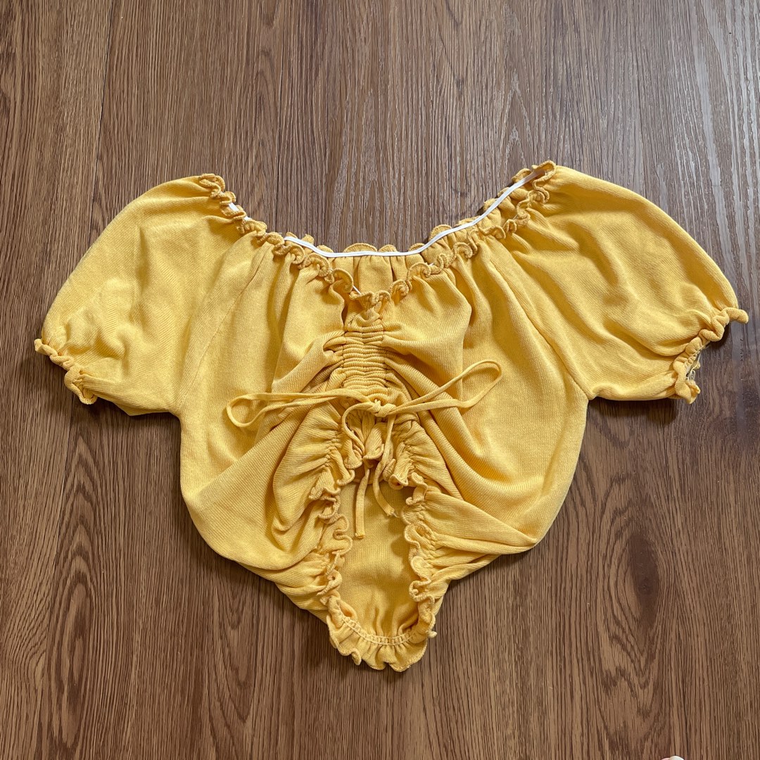 NEW Yellow Mini Crop Top Beach Wear Front Tied Off Shoulder Puff Sexy ...