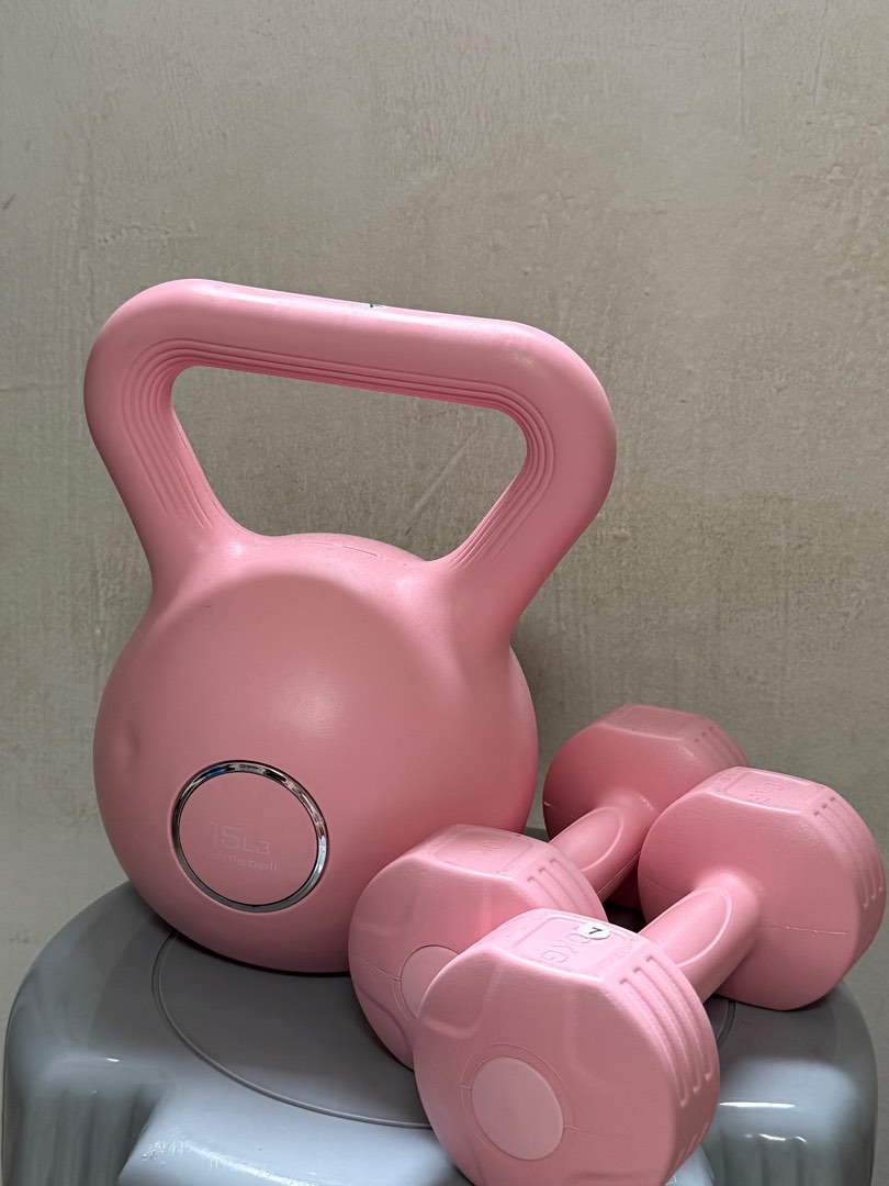 Pink 15lbs Kettlebell & 1KG Dumbbell, Sports Equipment, Exercise ...