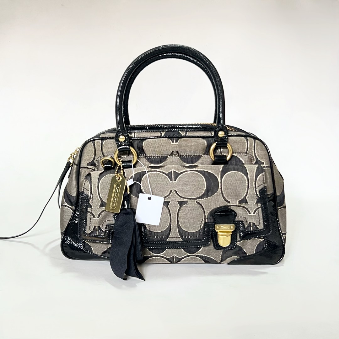 coach poppy push lock soho satchel signature monogram black hand bag ...