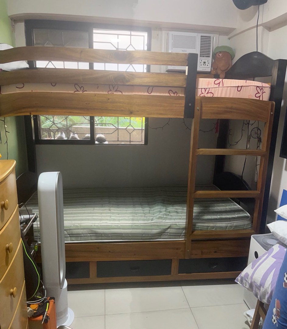 Double Deck Mahogany Wood with Shelves, Furniture & Home Living, Furniture, Bed Frames ...