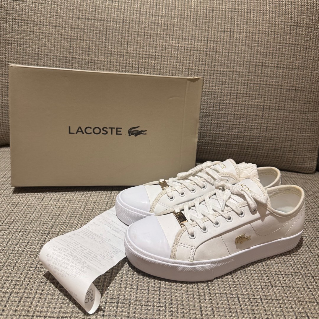Lacoste Ziane Plusgrand White/Gold Leather Sneakers, Women's Fashion ...