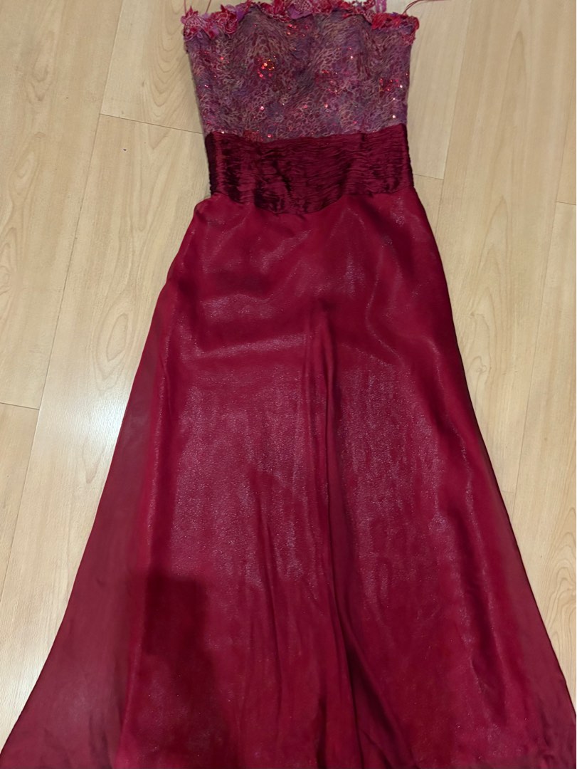 Red floral sequined tube gown, Women's Fashion, Dresses & Sets, Evening ...