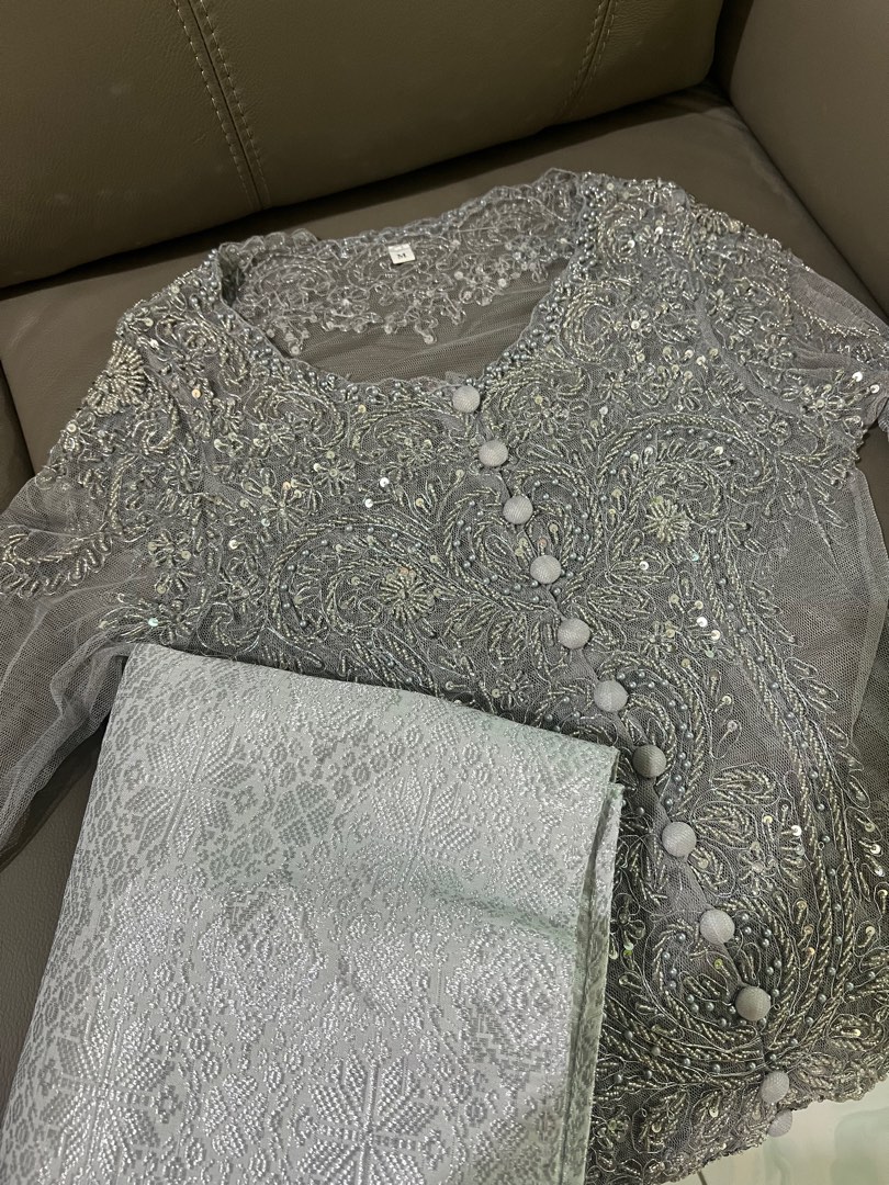 Set Bead Lace Kebaya Indonesia Silver/Grey with Songket pario wrapped ...