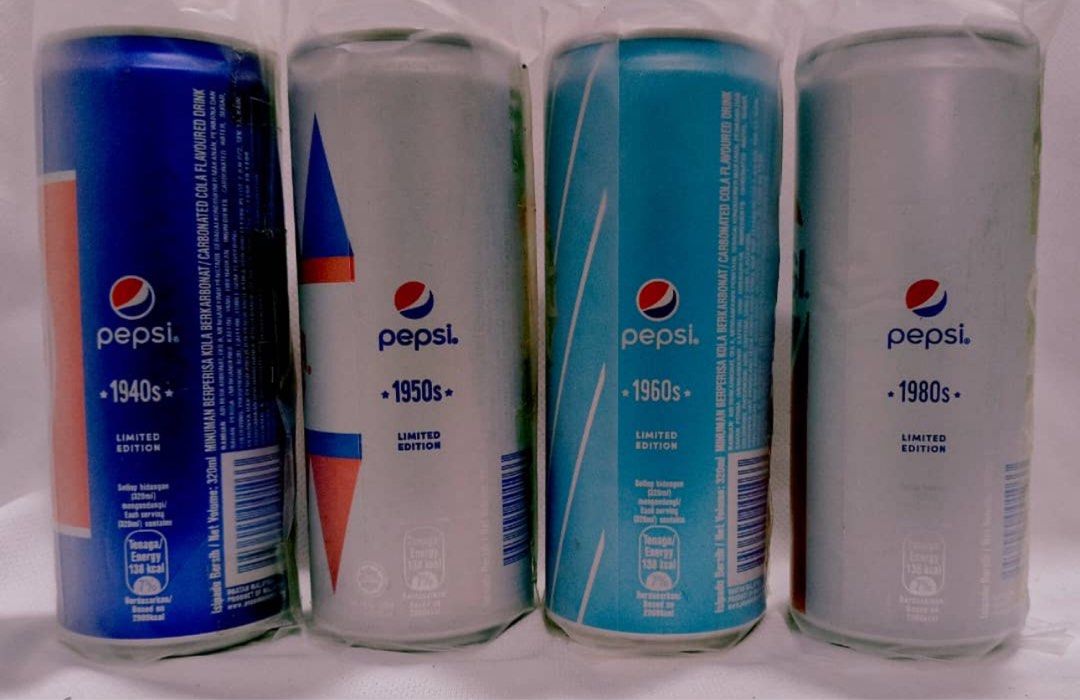 Set of four Pepsi Classic Logos Limited Edition Cans. Depicting Pepsi ...