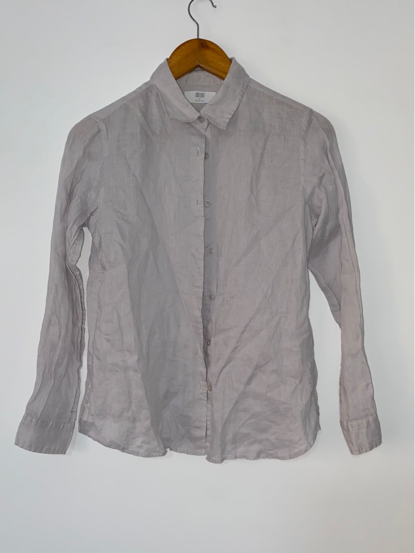 UNIQLO light gray linen long sleeve top, Women's Fashion, Tops ...