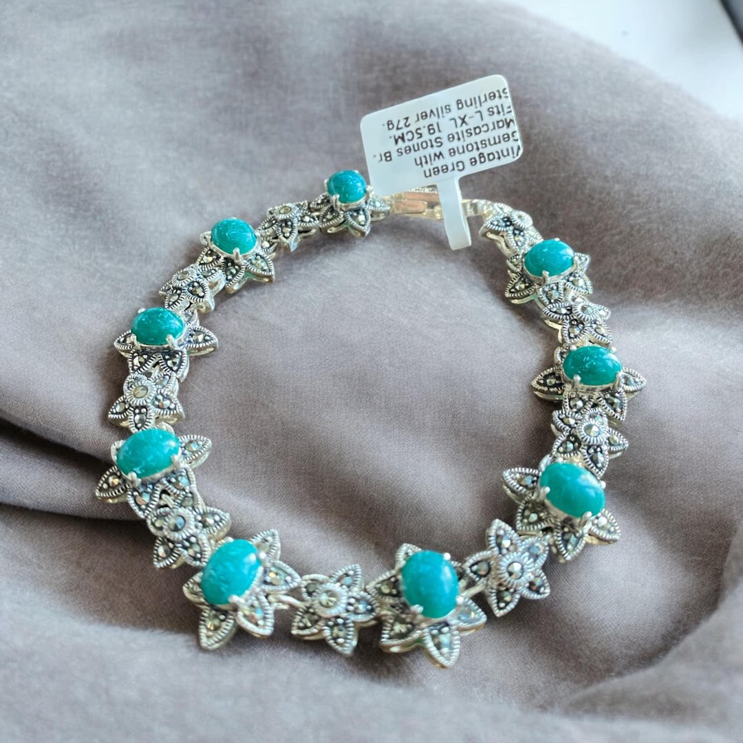 Vintage Green Gemstone w/ Marcasite Stones Silver Bracelet, Women's ...