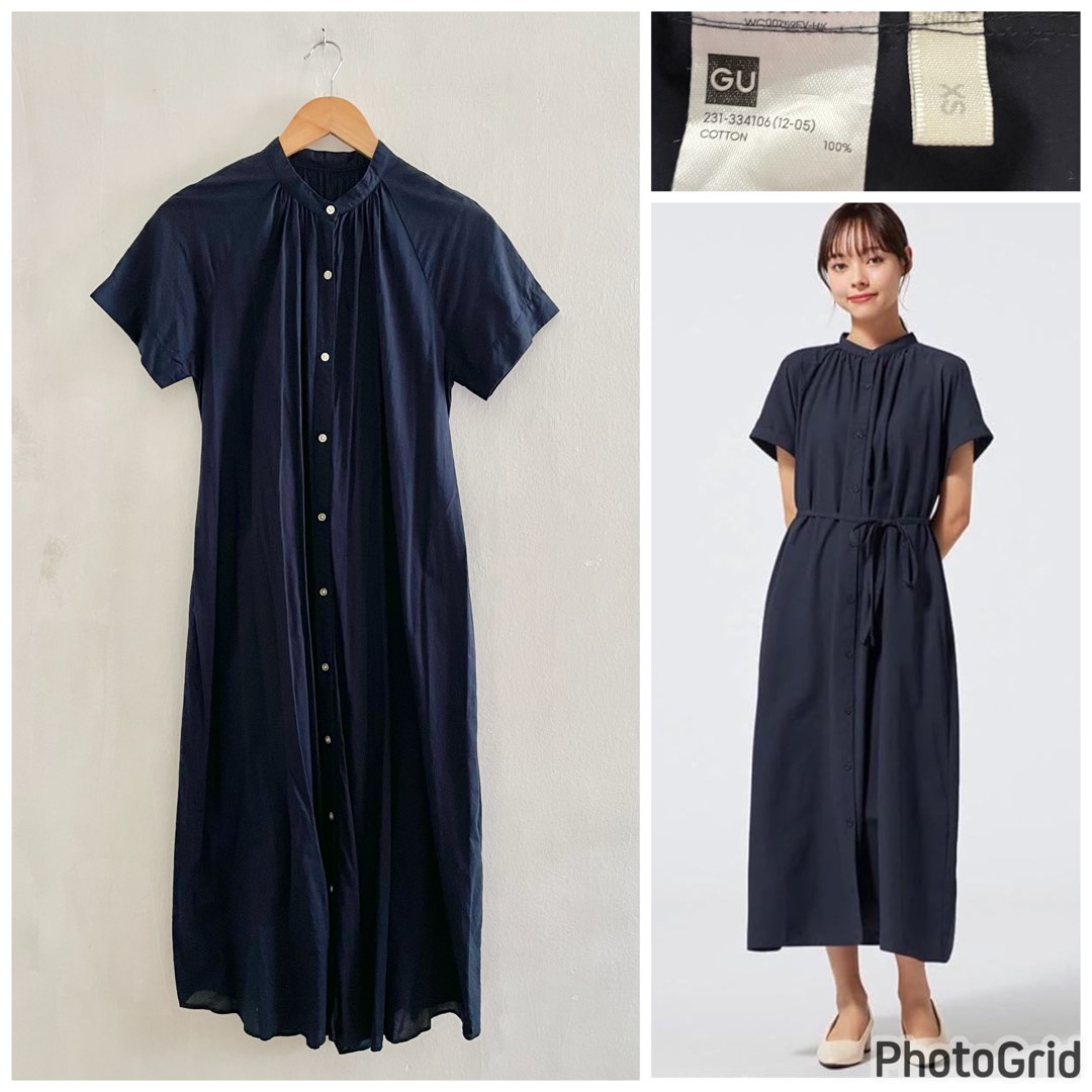 Gu navy blue linen maxi belted dress, Women's Fashion, Dresses & Sets, Dresses on Carousell