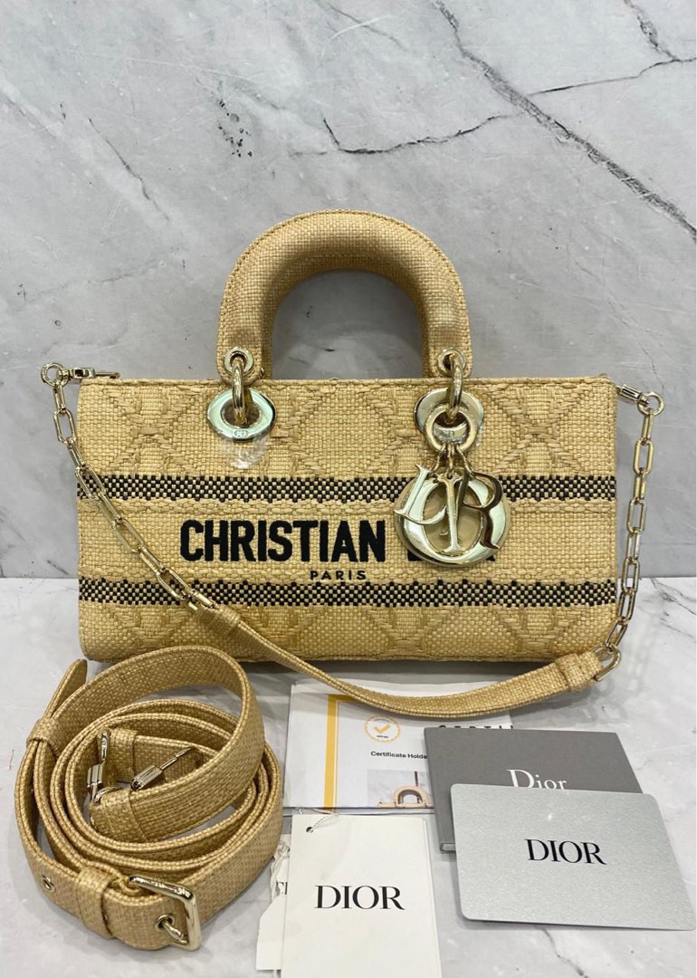 Lady Dior D-Joy Raffia Medium Beige GHW 2022 With Tag, Card, Booklet ...