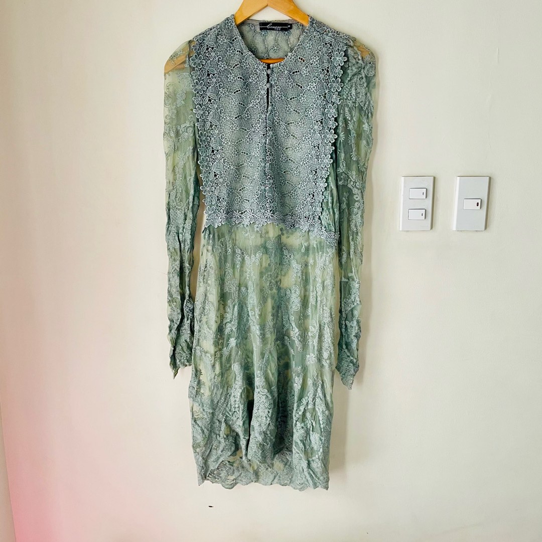 Vintage! Softest Victorian Sage Green Lace Midi Dress, Women's Fashion ...