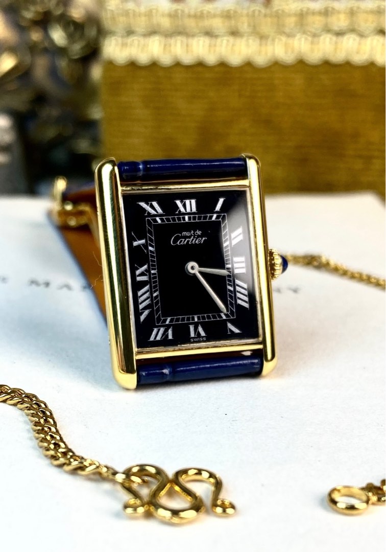 Cartier Tank Black Roman Manual Wind, Luxury, Watches on Carousell