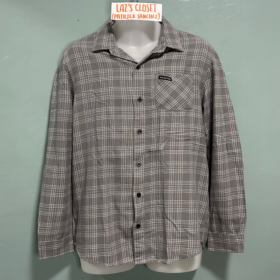 Macbeth Gray Checkered Long Sleeves Button Down Shirt for Men, Men's ...