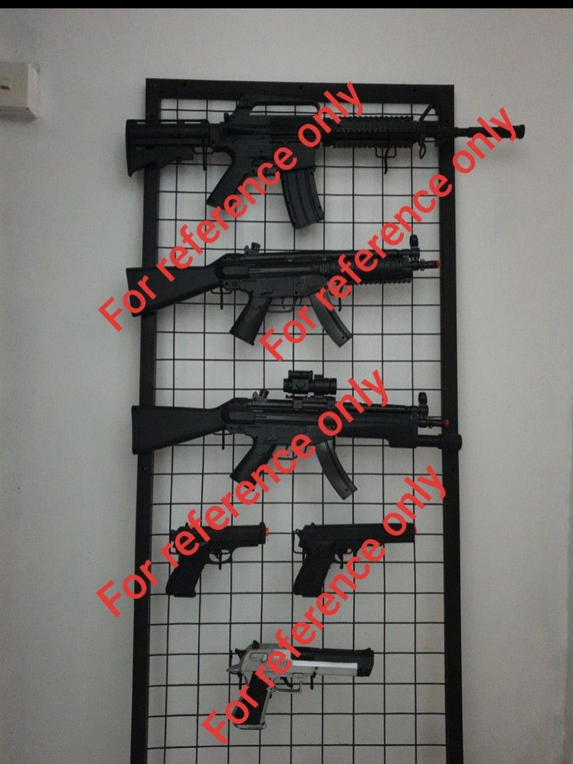 Rack frame for toy gun display with hooks to hang rifle m4a1, sub machine gun mp5, pistol ...