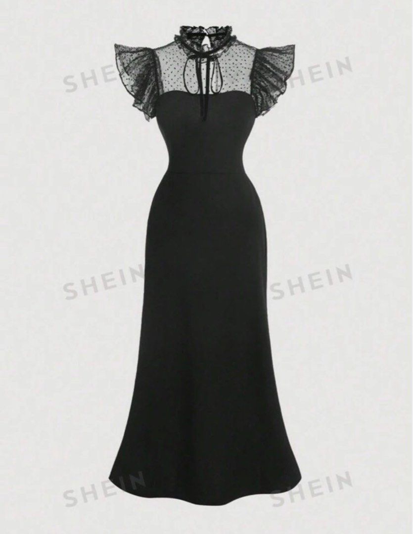 Wednesday Addams costume / Mesh tie neck long black dress / halloween ...