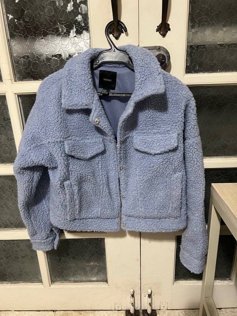 Blue Fuzzy Jacket, Women's Fashion, Coats, Jackets and Outerwear on ...