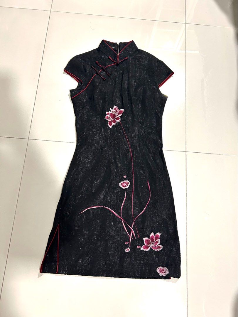 Cny cheongsam black maroon red dress elegant body fitting oriental ...