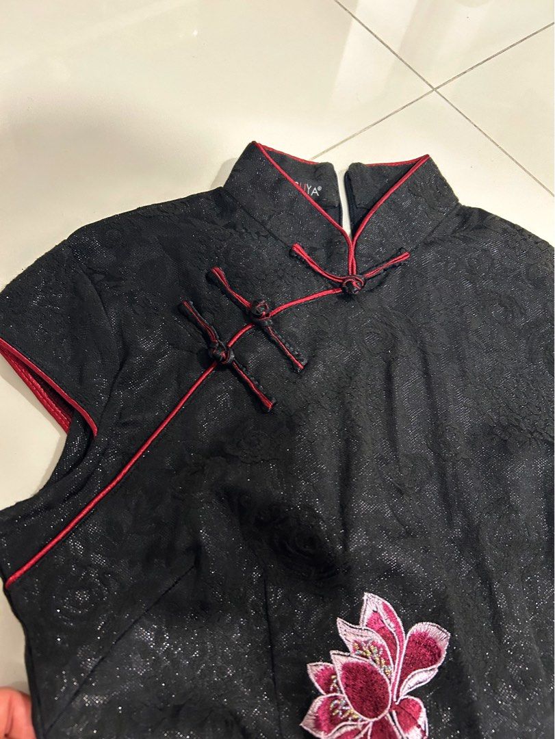 Cny cheongsam black maroon red dress elegant body fitting oriental ...