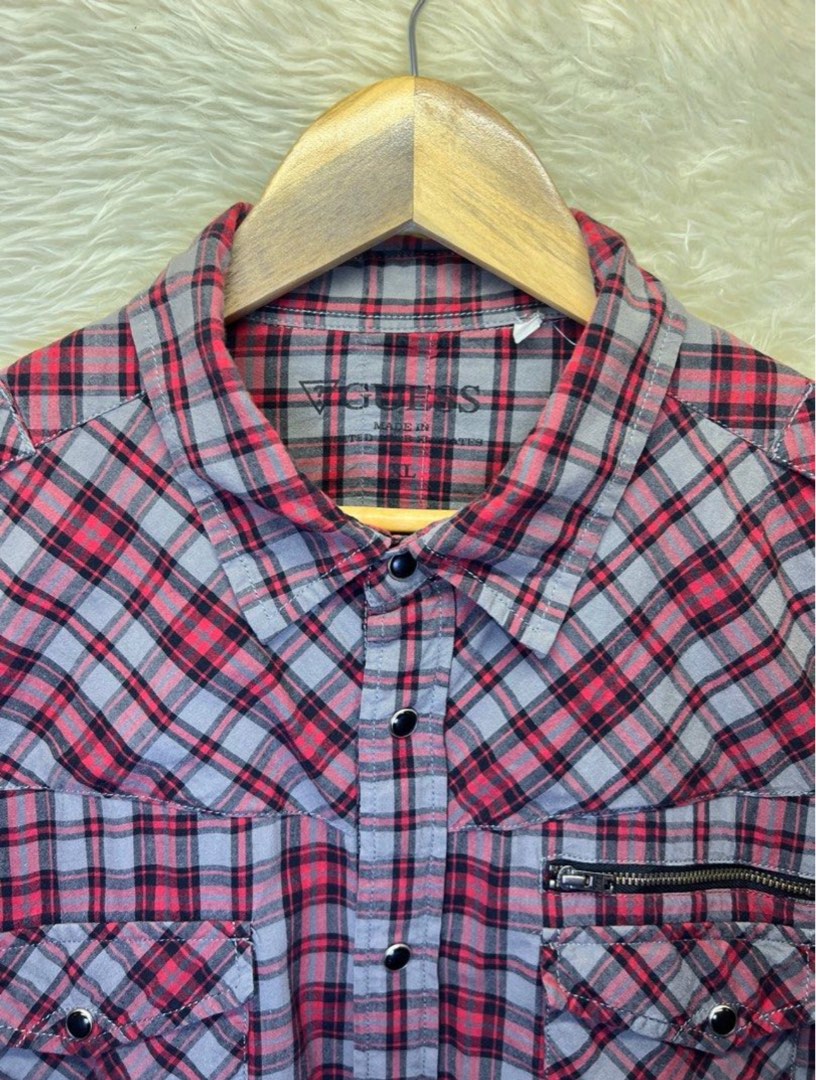 Guess Polo Red checkered shortsleeves two chest pocket XL on tag fit to ...