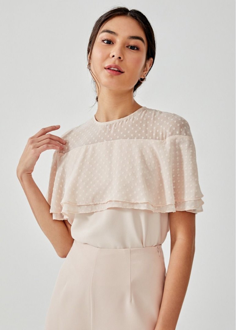 Love Bonito Emmi Dobby Dot Cape Top, Women's Fashion, Tops, Other Tops ...