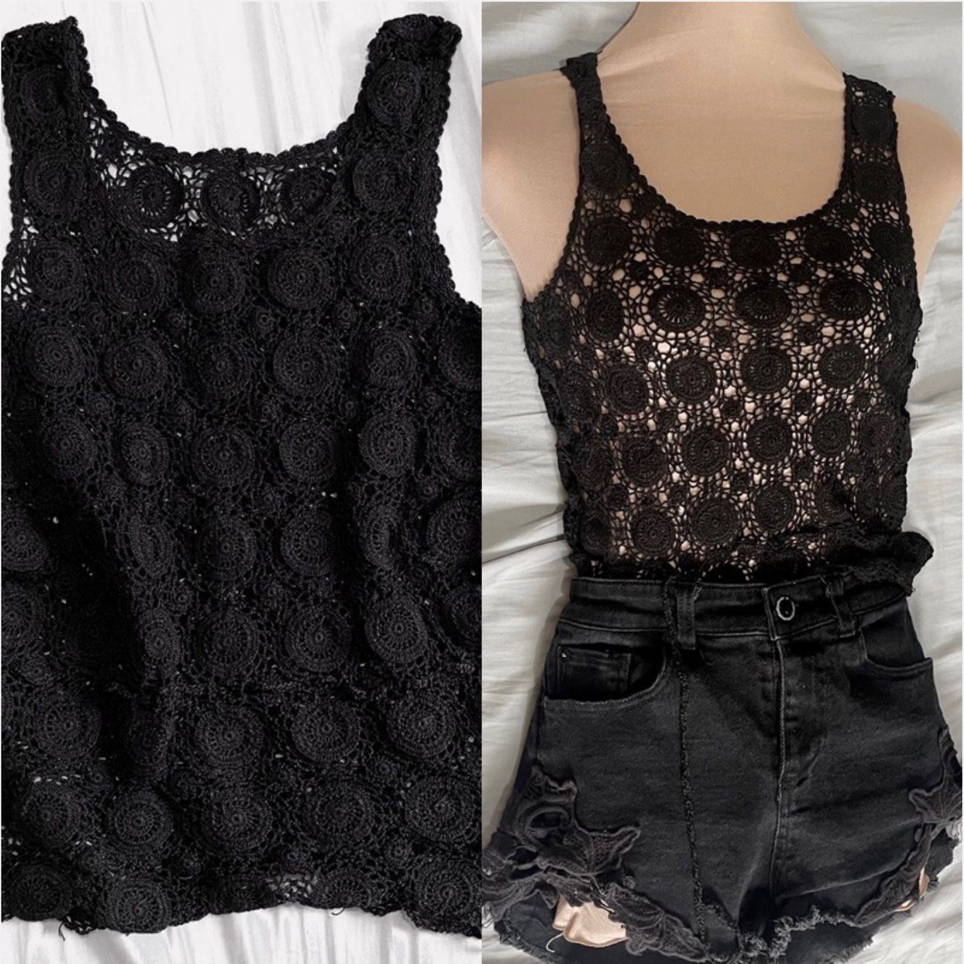SL11. BLACK CROCHET ROUND NECK SLEEVELESS TOP Y2K / Y3K / BADDIE ...