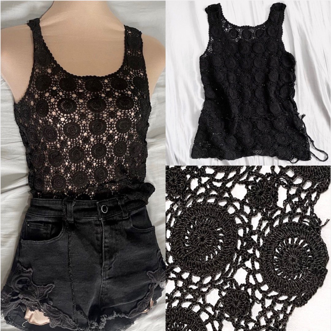 SL11. BLACK CROCHET ROUND NECK SLEEVELESS TOP 90s Y2K Y3K BADDIE ACUBI ...