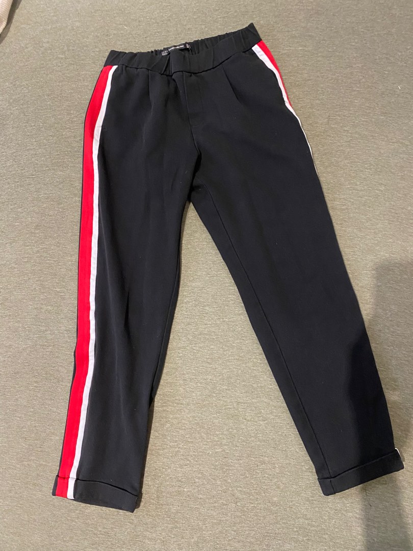 Zara Black Garter Pants with Red and White Side stripes, Women's ...
