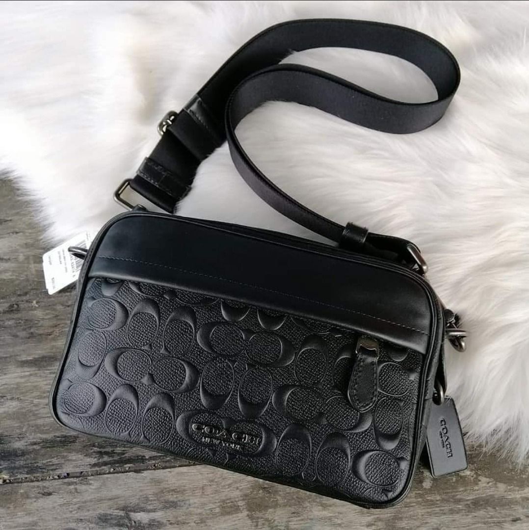 Coach F50713 Graham Zip Crossbody Bag in Black Signature Embossed ...