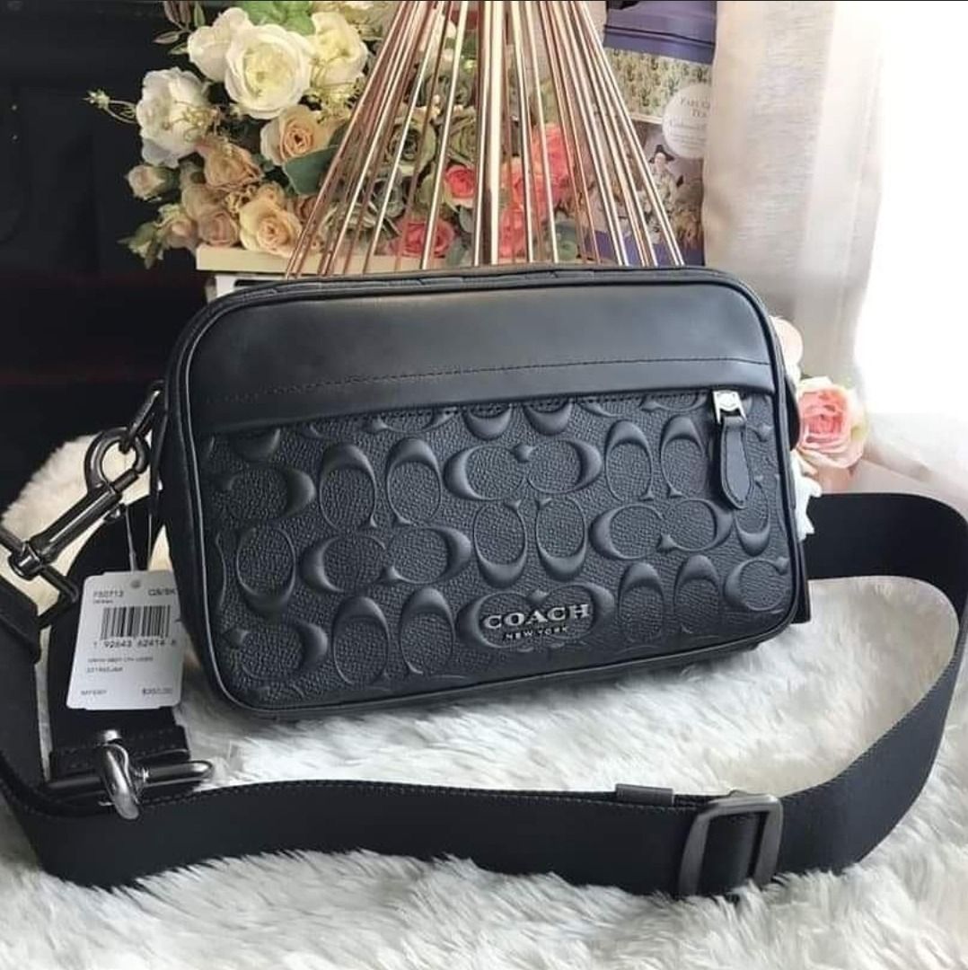 Coach F50713 Graham Zip Crossbody Bag in Black Signature Embossed ...