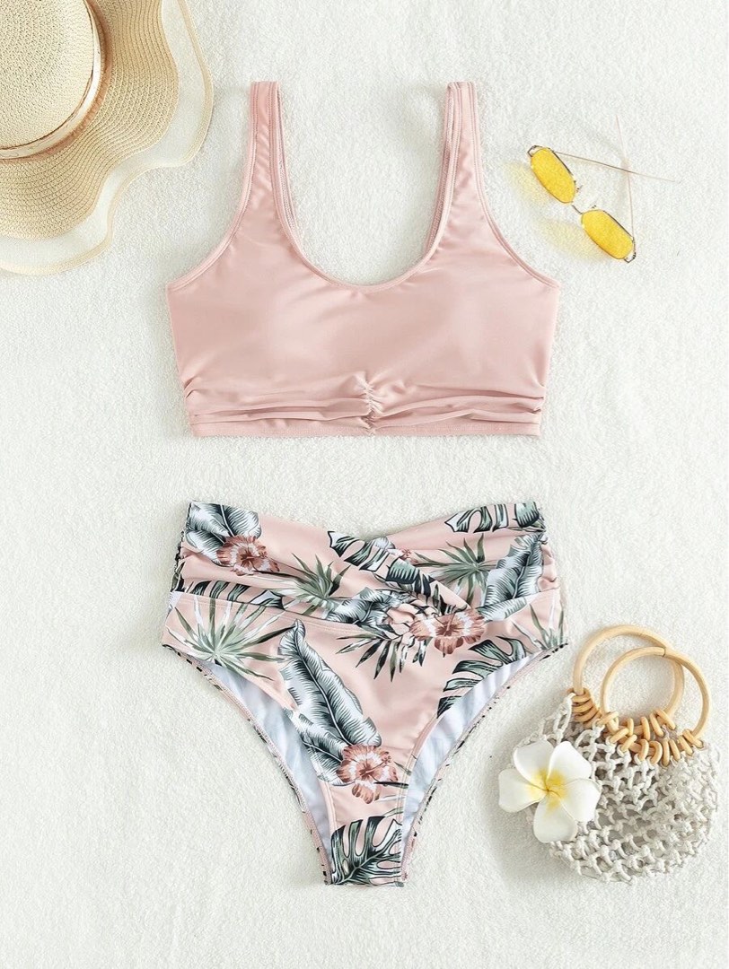 SHEIN Pastel pink ruched tankini high waist floral tummy cover bottom ...