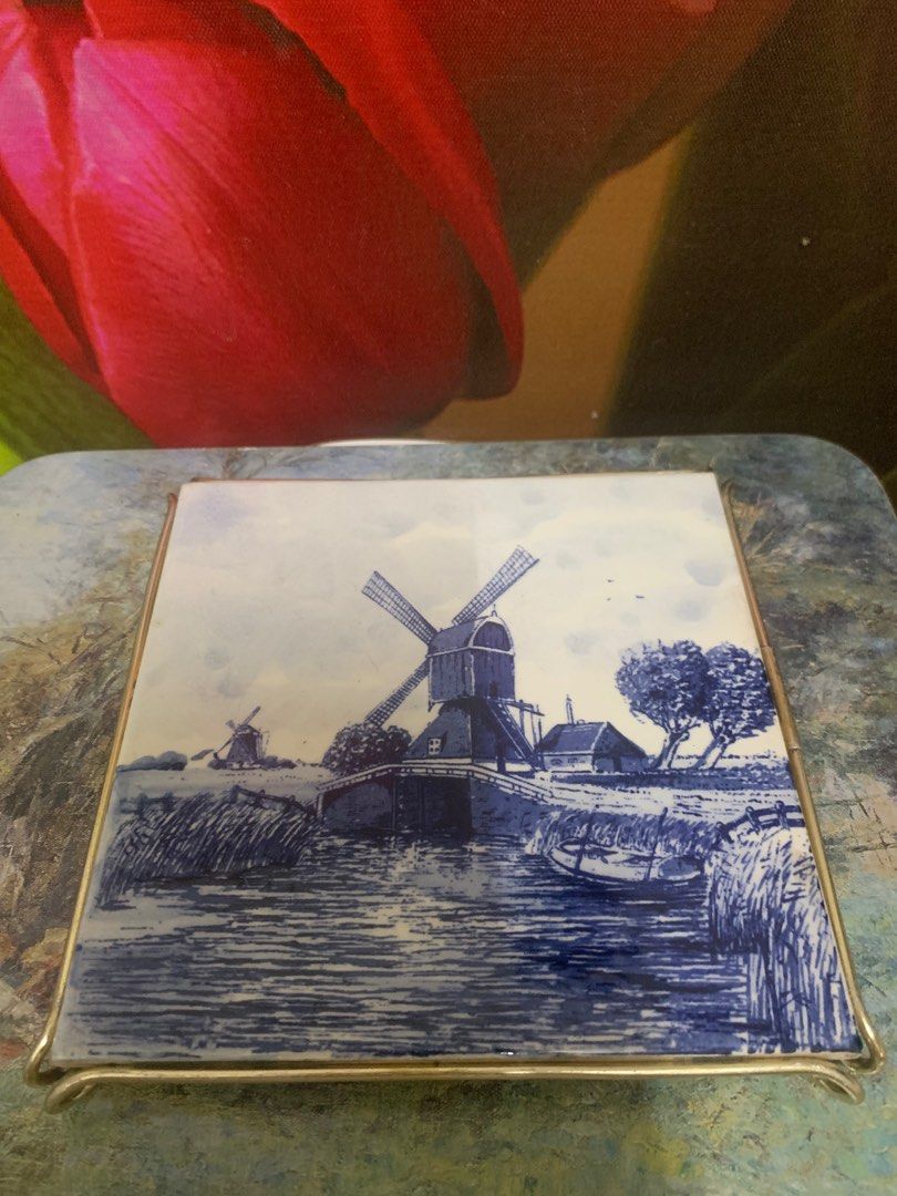 Vintage Handpainted Windmill and River scene Ceramic Tile Wall Art ...