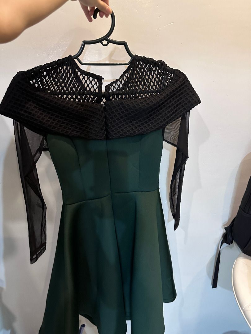 Emerald Green Dress with Black Mesh Sleeves & Beaded Net Neckline ...