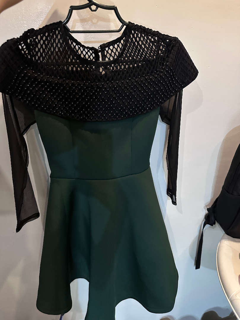 Emerald Green Dress with Black Mesh Sleeves & Beaded Net Neckline ...