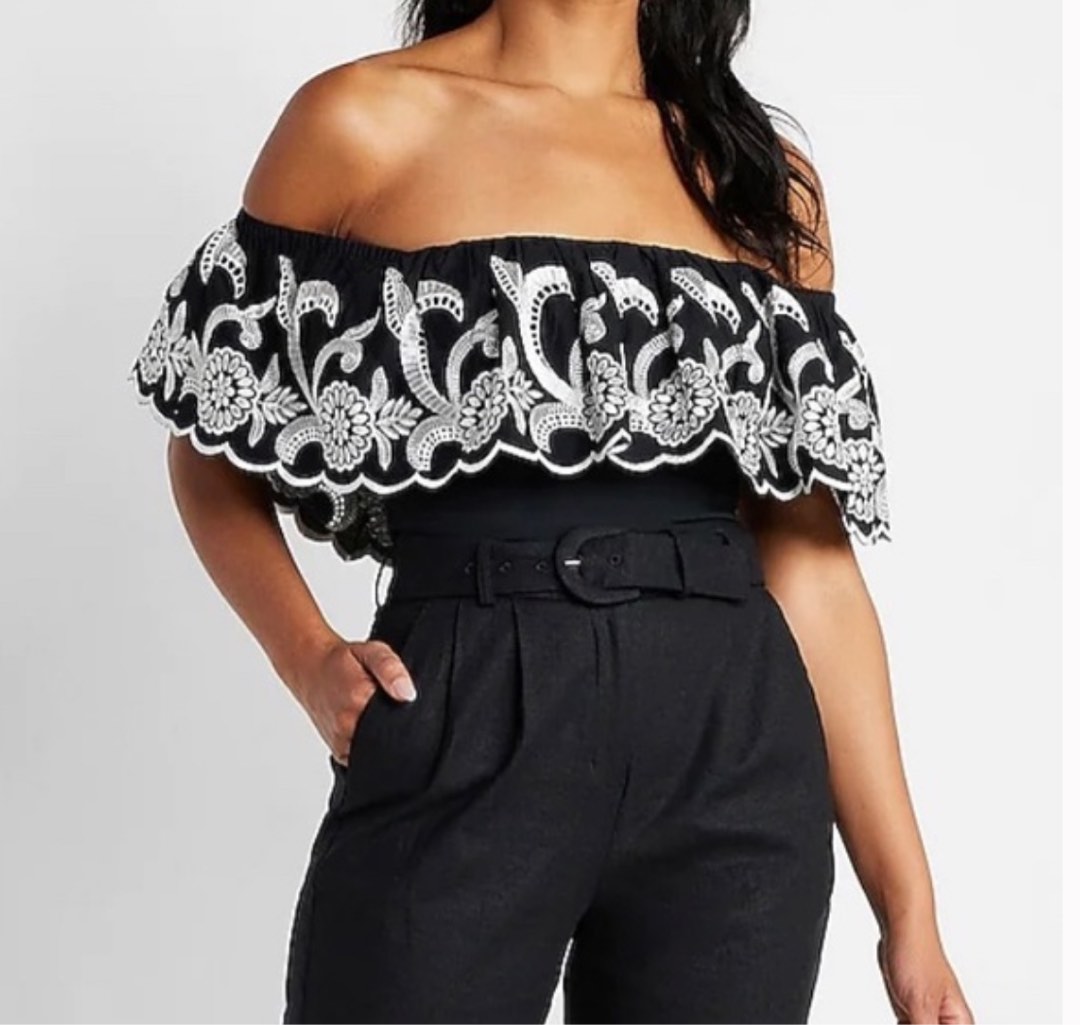 Express Off The Shoulder Embroidered Ruffle Overlay Cropped Top, Women ...