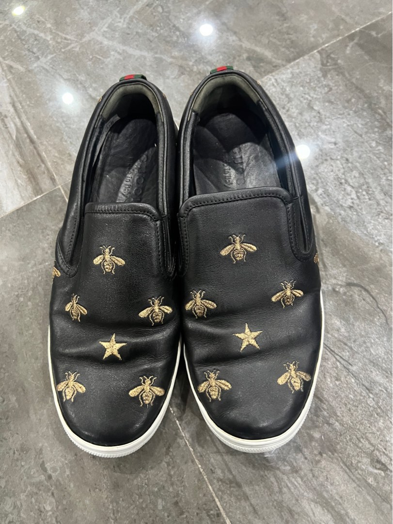 Gucci Dublin Bee and Star Embroidered Black Leather Slip On, Luxury, Sneakers & Footwear on ...